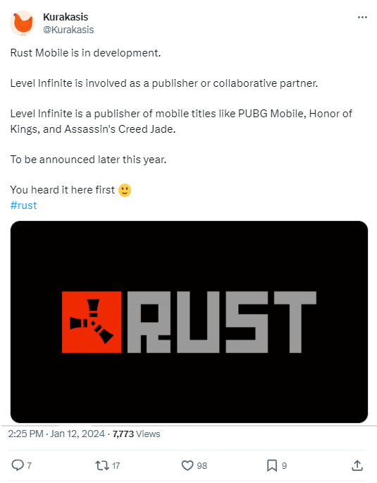 ยังไม่ยืนยัน Rust เวอร์ชันมือถือกำลังอยู่ระหว่างการพัฒนา โดย Level ...